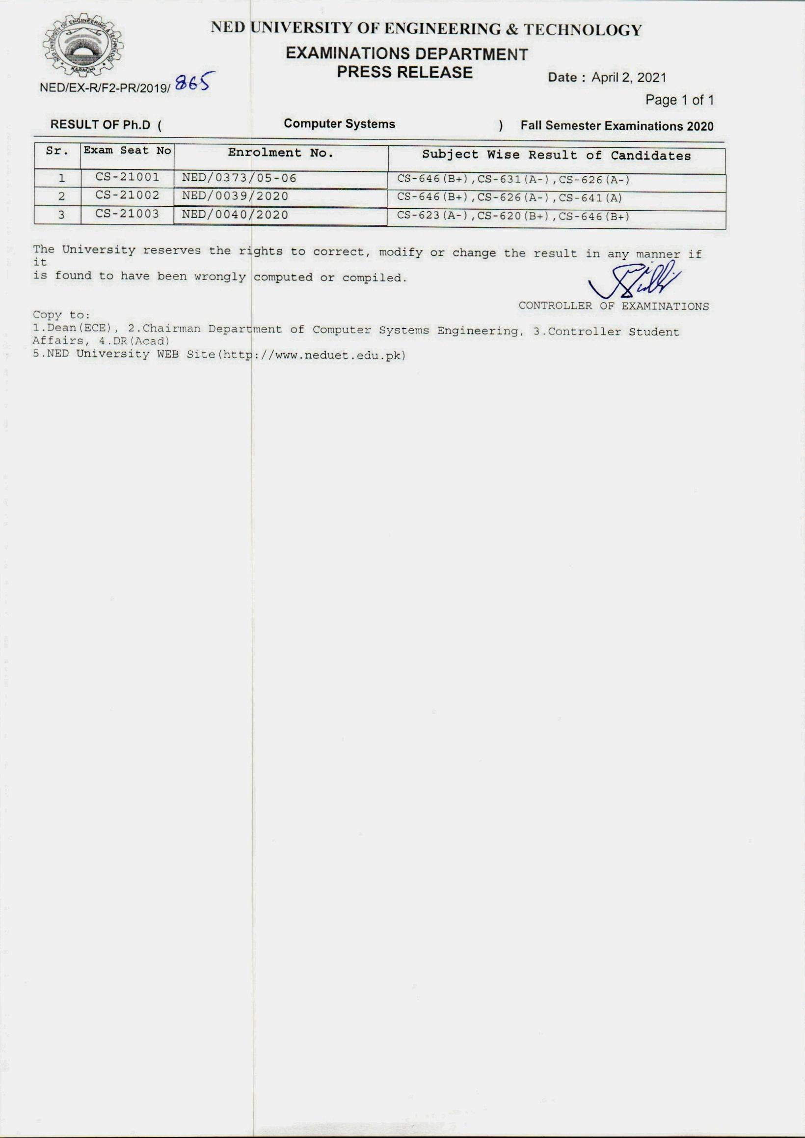 Examinations Results | NED University of Engineering & Technology